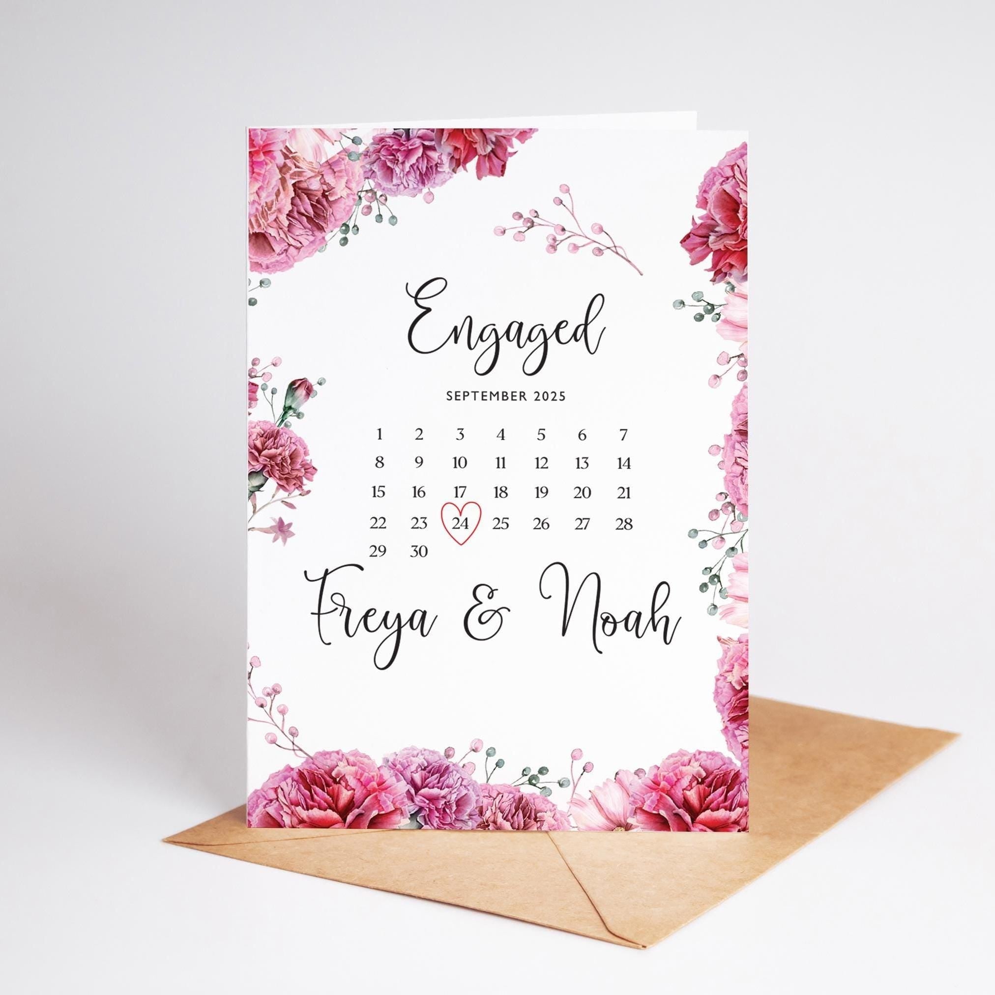 Custom Engagement Card with Names and Date Romantic Calendar Design ...