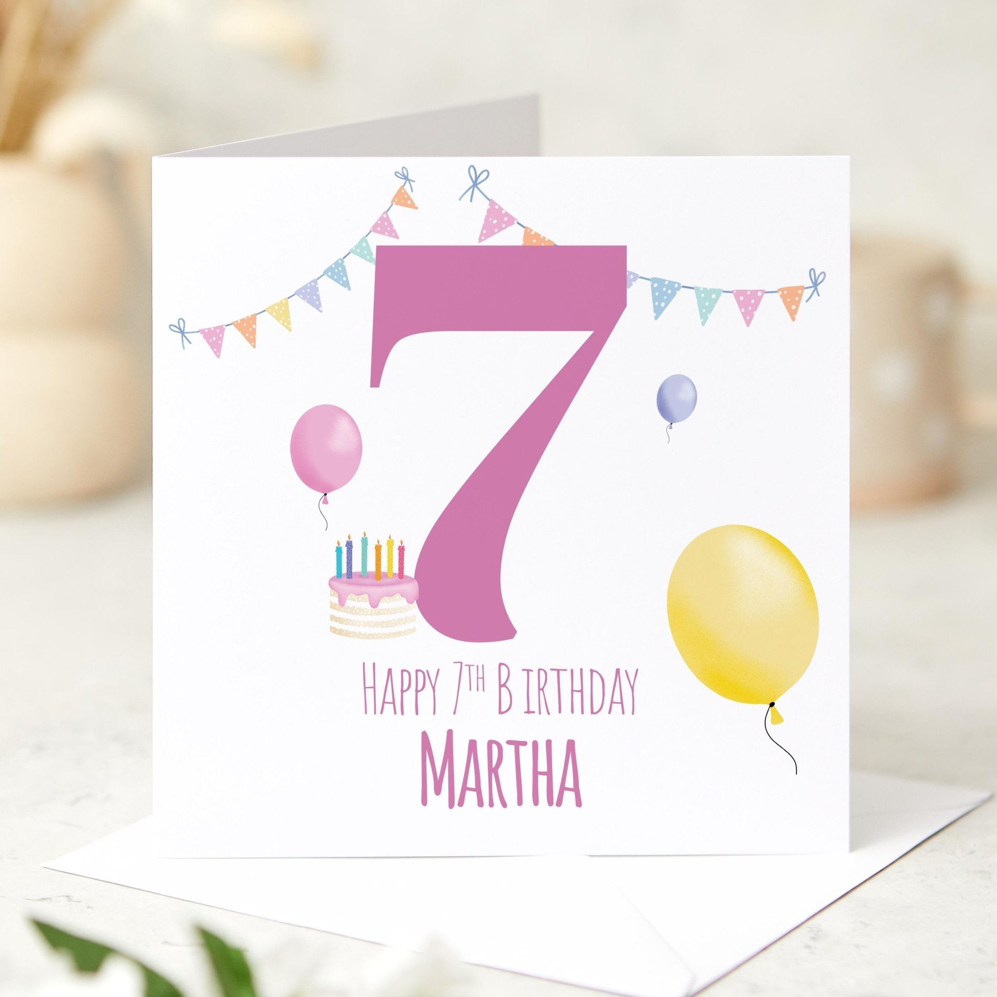 Happy 7th Birthday Card for Girl I am Seven Colourful Balloons and Cake ...