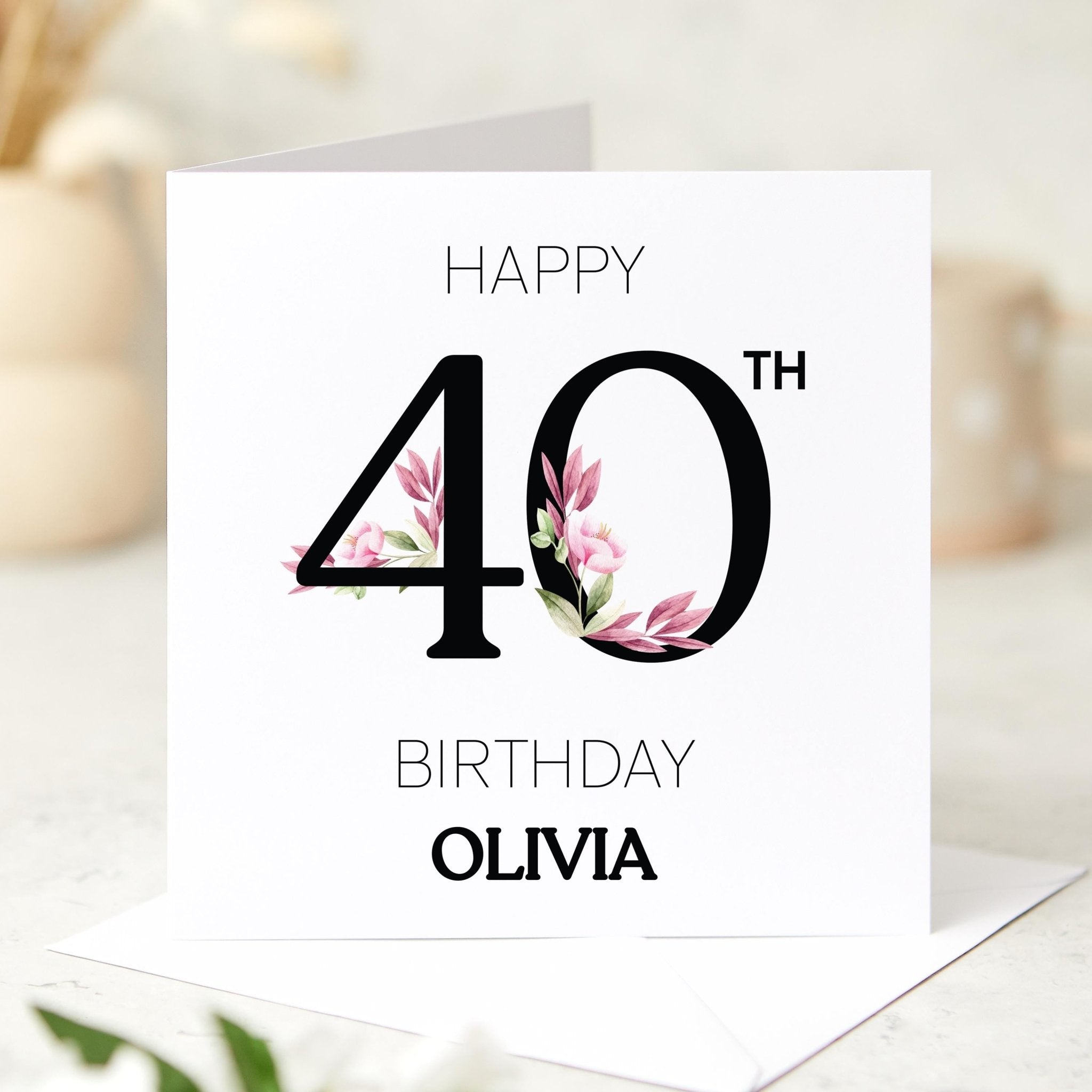 Personalised 40th Birthday Card with Name Forty Elegant Floral Design ...