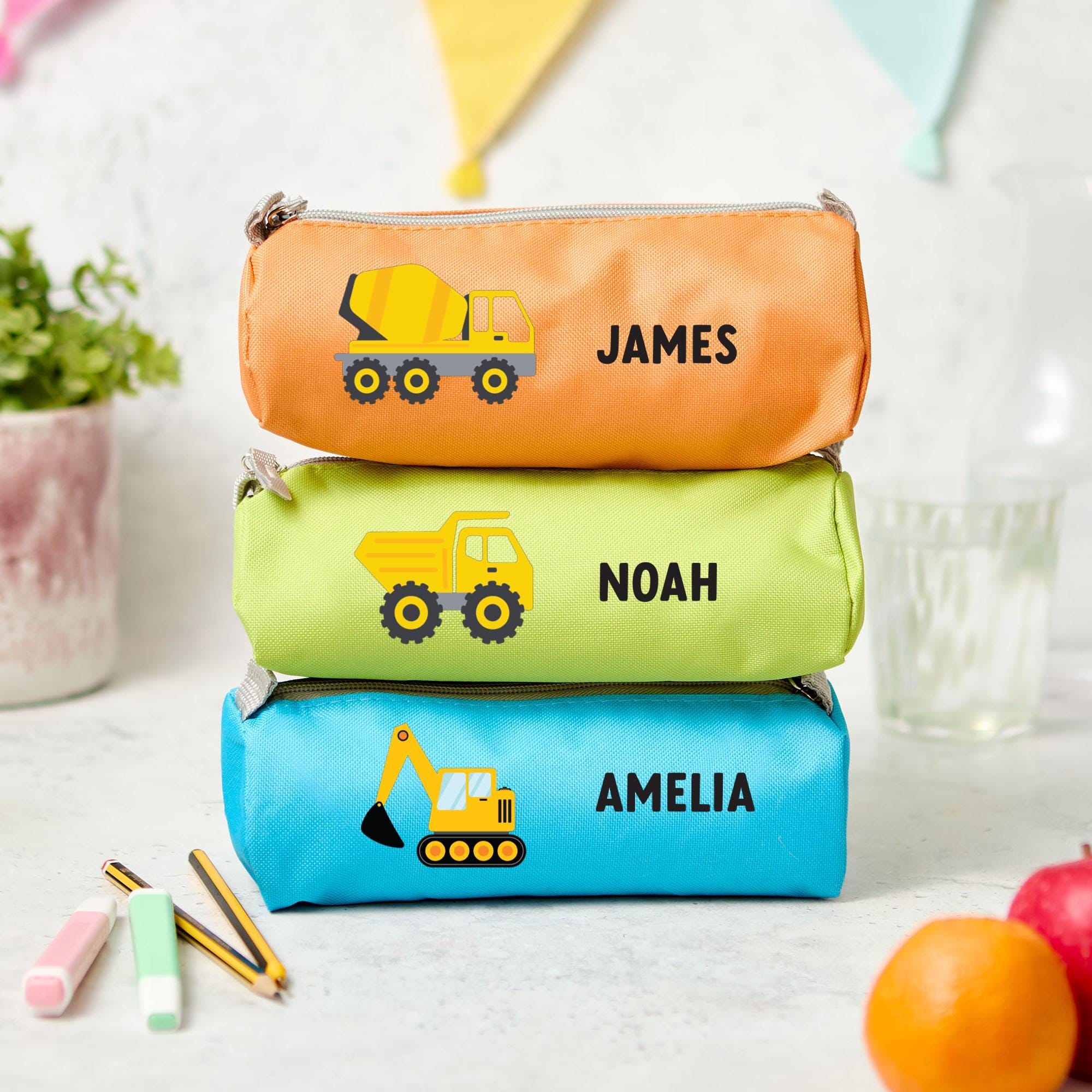 Personalised Kids Pencil Case with Name Construction Vehicle Digger ...