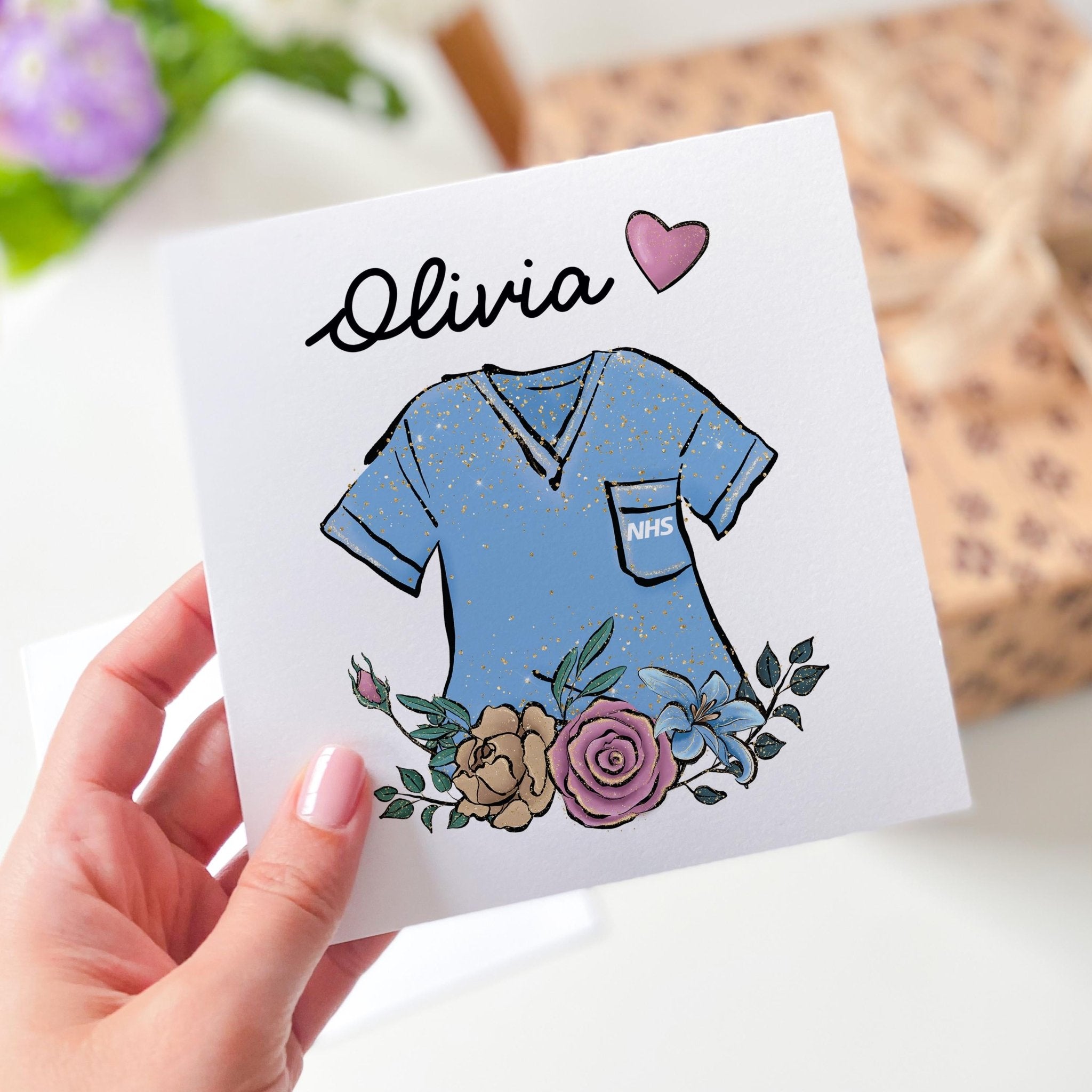 Personalised Nurse Thank You Card Blue Scrubs Design Floral Detail Card ...