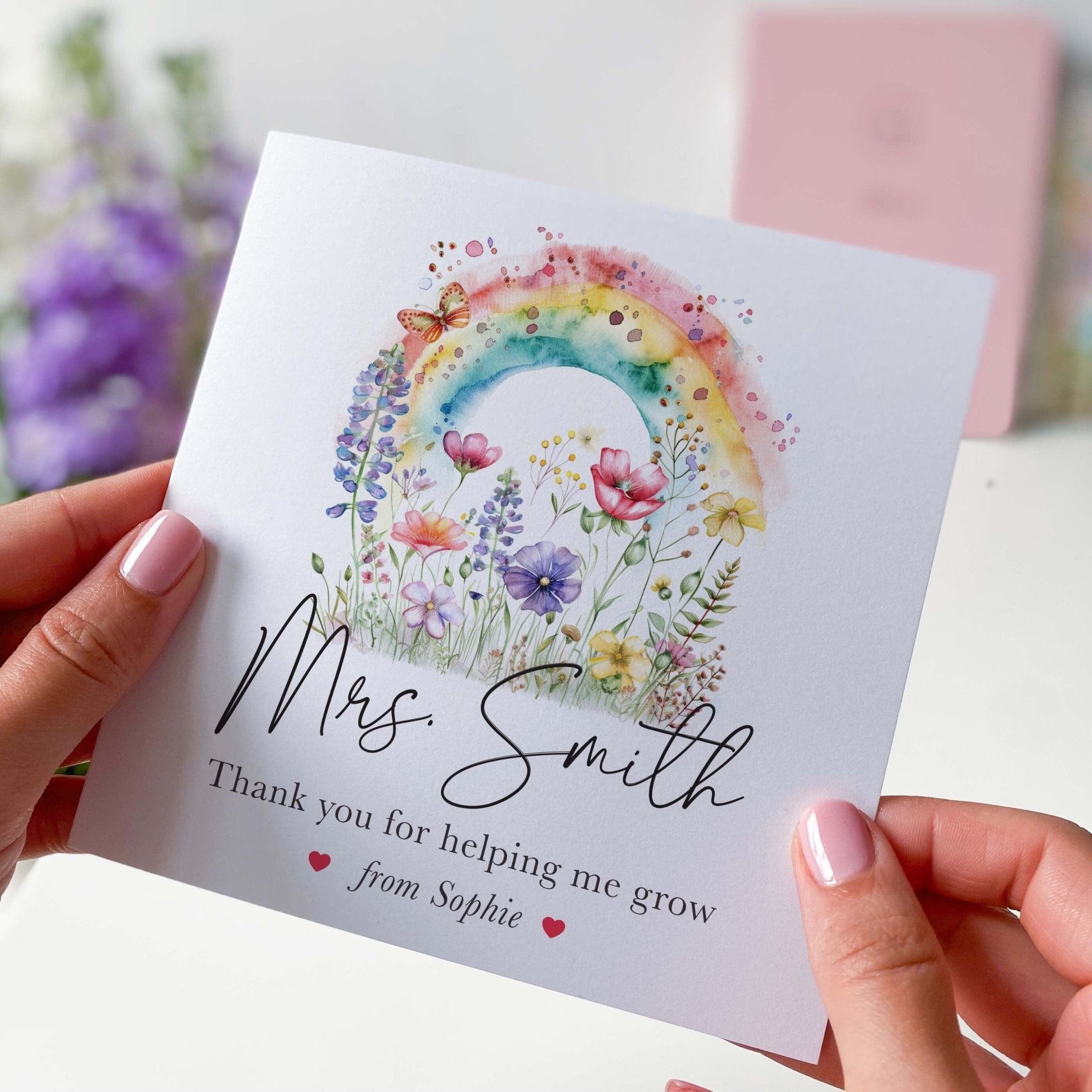 Teacher Thank You Card With Rainbow And Flowers Helping Me Grow End Of ...