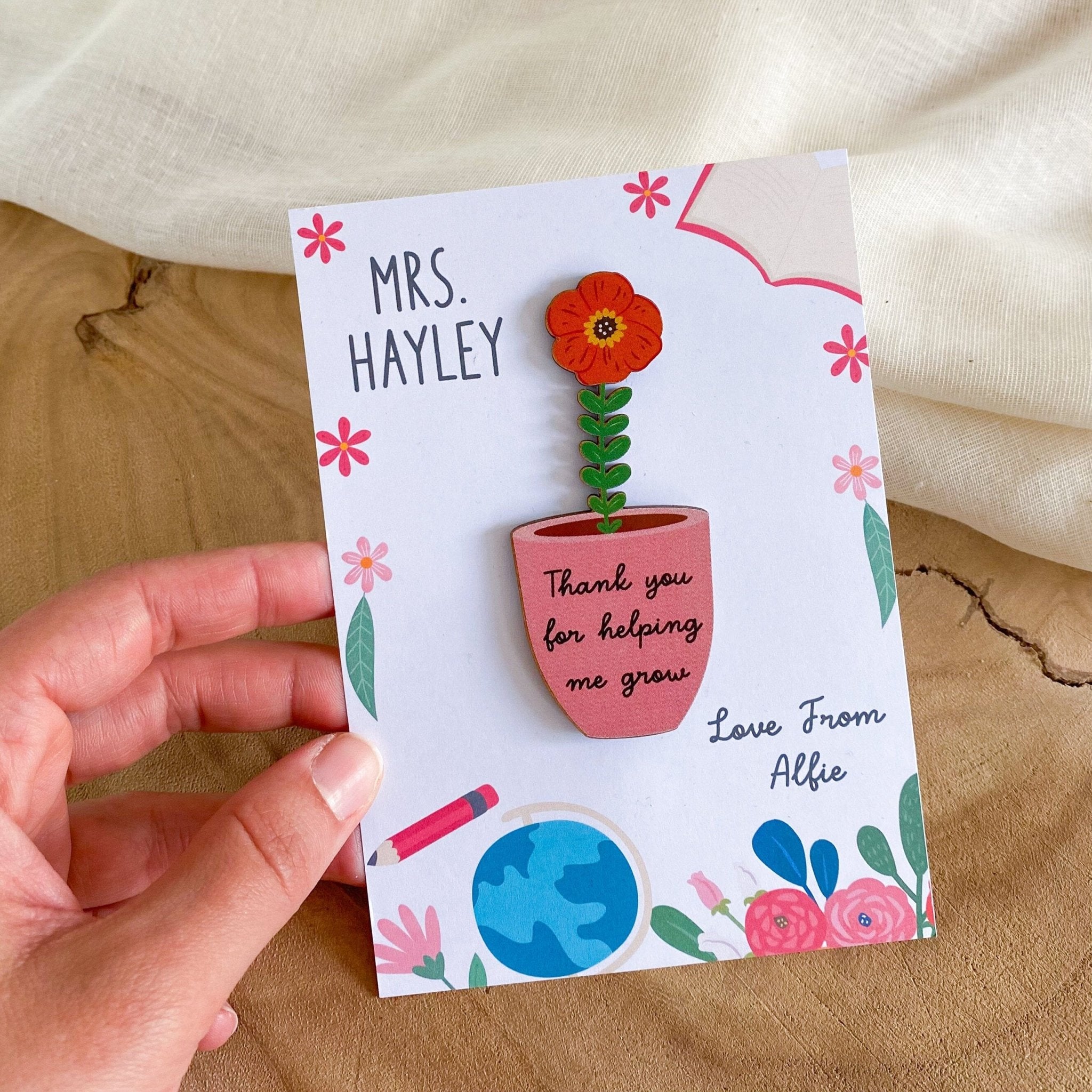 Personalised Teacher Card With Flower Token, Teacher Gift, Thank You ...
